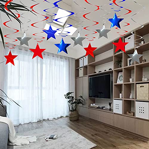 YSSAI 30 Pcs Patriotic Star Hanging Swirls Decorations Swirls with Red Blue Silver Stars Ceiling Hanging Ornaments for 4th of July Independence Day Memorial Day Graduation Party Supplies