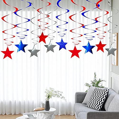 YSSAI 30 Pcs Patriotic Star Hanging Swirls Decorations Swirls with Red Blue Silver Stars Ceiling Hanging Ornaments for 4th of July Independence Day Memorial Day Graduation Party Supplies