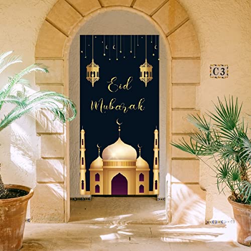 KYMY Eid Mubarak Door Cover with 70.8X35.4 inch,Eid Mubarak Backdrop,Muslim Islamic Ramadan Door Banner Sign for Eid Mubuark Party Home Decoration