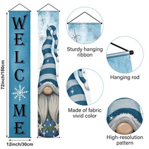 Winter Gnome Welcome Porch Sign Door Banner, Hello Winter Blue Snowy Gnome Welcome Hanging Banner, Snowflake Gnome Front Door Decorations for Christmas Winter Holiday Seasonal Xmas Party Decorations