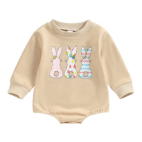 Infant Baby Girl Boy Easter Outfit Romper Sweatshirt Bunny Long Sleeve Bodysuit Pullover Tops Shirts Easter Clothes (Apricot, 12-18 Months)