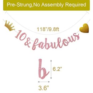 10 & Fabulous Banner, Pre-Strung, No Assembly Required, Funny Rose Gold Paper Glitter Party Decorations for 10th Birthday Party Supplies, Letters Rose Gold,ABCpartyland