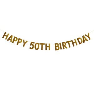 happy 50th birthday banner for 50th birthday party decorations pre-strung no assembly required gold glitter paper garlands backdrops letters gold betteryanzi