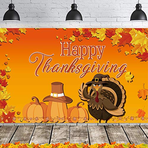 Fecedy Happy Thanksgiving Hanging Extra Large Fabric Sign Poster Background Banner with Pumpkin Maple Leaves Turkey Pattern for Thanksgiving Day Autumn Harvest Decorations 43.3"x70.8"