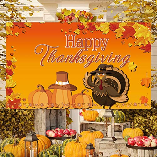 Fecedy Happy Thanksgiving Hanging Extra Large Fabric Sign Poster Background Banner with Pumpkin Maple Leaves Turkey Pattern for Thanksgiving Day Autumn Harvest Decorations 43.3"x70.8"