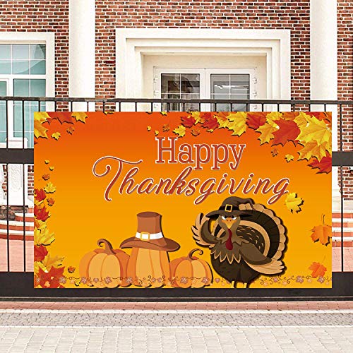 Fecedy Happy Thanksgiving Hanging Extra Large Fabric Sign Poster Background Banner with Pumpkin Maple Leaves Turkey Pattern for Thanksgiving Day Autumn Harvest Decorations 43.3"x70.8"