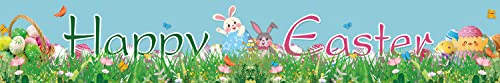 Happy Easter Banner Spring Easter Bunny Easter Eggs Decor Banner Outdoor & Indoor Yard Fence Garden Sign Hanging Door Banner 118" x 20"