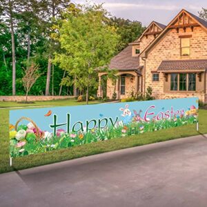 happy easter banner spring easter bunny easter eggs decor banner outdoor & indoor yard fence garden sign hanging door banner 118″ x 20″