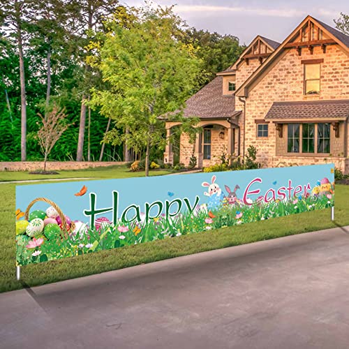 Happy Easter Banner Spring Easter Bunny Easter Eggs Decor Banner Outdoor & Indoor Yard Fence Garden Sign Hanging Door Banner 118" x 20"