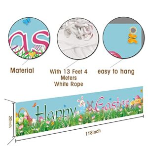 Happy Easter Banner Spring Easter Bunny Easter Eggs Decor Banner Outdoor & Indoor Yard Fence Garden Sign Hanging Door Banner 118" x 20"