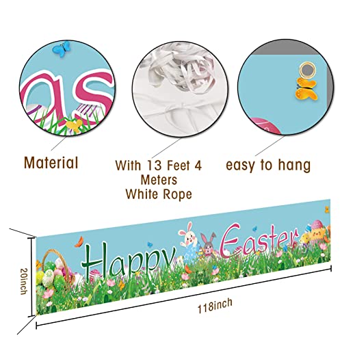 Happy Easter Banner Spring Easter Bunny Easter Eggs Decor Banner Outdoor & Indoor Yard Fence Garden Sign Hanging Door Banner 118" x 20"