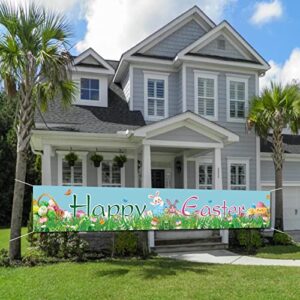 Happy Easter Banner Spring Easter Bunny Easter Eggs Decor Banner Outdoor & Indoor Yard Fence Garden Sign Hanging Door Banner 118" x 20"