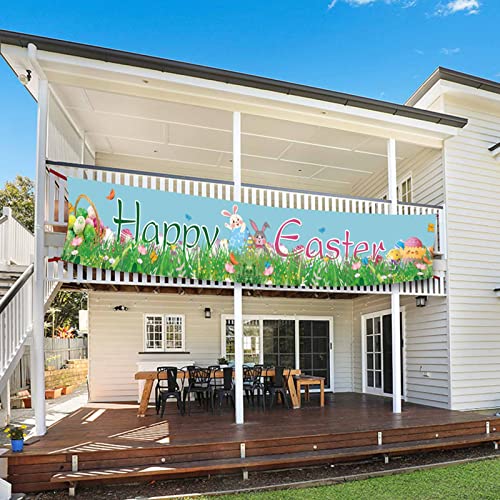 Happy Easter Banner Spring Easter Bunny Easter Eggs Decor Banner Outdoor & Indoor Yard Fence Garden Sign Hanging Door Banner 118" x 20"