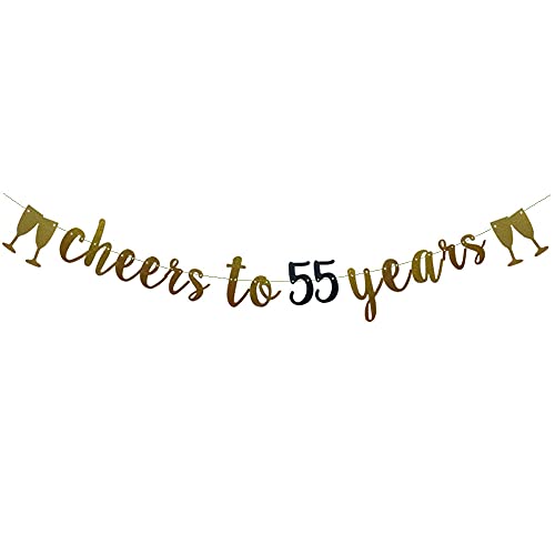 Cheers To 55 Years Banner,Pre-Strung, Gold And Black Glitter Paper Party Decorations For 55 TH Wedding Anniversary 55 Years Old 55TH Birthday Party Supplies Letters Black And Gold Betteryanzi