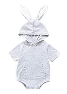 symunnia newborn infant baby girl boy bunny hooded romper cartoon 3d rabbit pocket jumpsuit short sleeve(12-18months,grey)