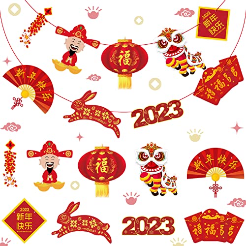 87 Pcs Chinese New Year Decorations Set 45 Chinese New Year Hanging Wall Decor 2 Red Ropes and 40 Glue Point Dots for Year of The Rabbit Chinese New Year Banner Spring Festival Party Supplies (2023)