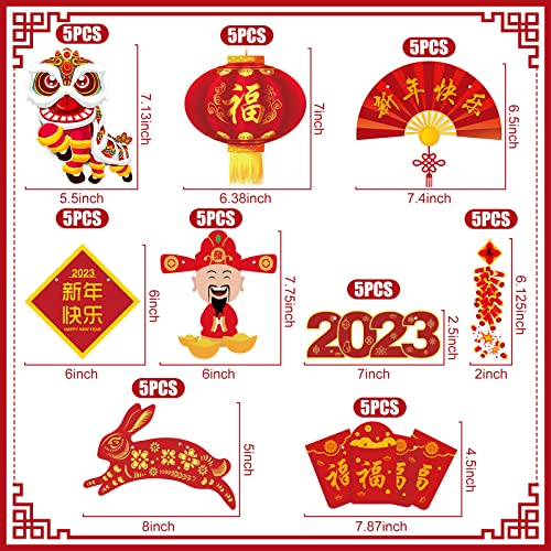 87 Pcs Chinese New Year Decorations Set 45 Chinese New Year Hanging Wall Decor 2 Red Ropes and 40 Glue Point Dots for Year of The Rabbit Chinese New Year Banner Spring Festival Party Supplies (2023)