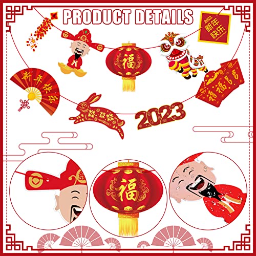 87 Pcs Chinese New Year Decorations Set 45 Chinese New Year Hanging Wall Decor 2 Red Ropes and 40 Glue Point Dots for Year of The Rabbit Chinese New Year Banner Spring Festival Party Supplies (2023)