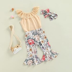 DNOMAID YZARC Western Baby Girl Clothes Infant Rib Lace Sleeveless Romper Cow Bell Bottom Pants with Headband 3Pcs Outfit Set (Apricot Floral Print, 6-12 Months)