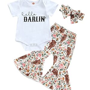 Western Baby Girl Clothes Cowgirl Bell Bottom Outfit Short Sleeve Cow Print Funny Letter Shirt Flare Pant 2Pcs Set (X Shirt-o 1, 6-12 Months)