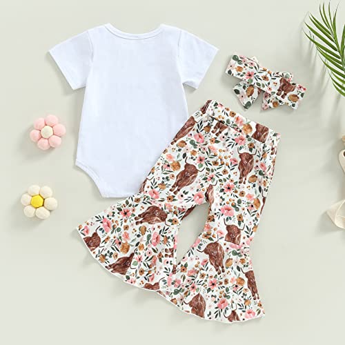 Western Baby Girl Clothes Cowgirl Bell Bottom Outfit Short Sleeve Cow Print Funny Letter Shirt Flare Pant 2Pcs Set (X Shirt-o 1, 6-12 Months)