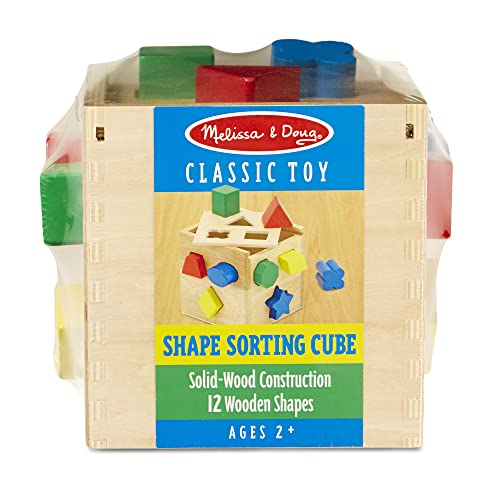 Melissa & Doug Shape Sorting Cube - Classic Wooden Toy With 12 Shapes - Kids Shape Sorter Toys For Toddlers Ages 2+