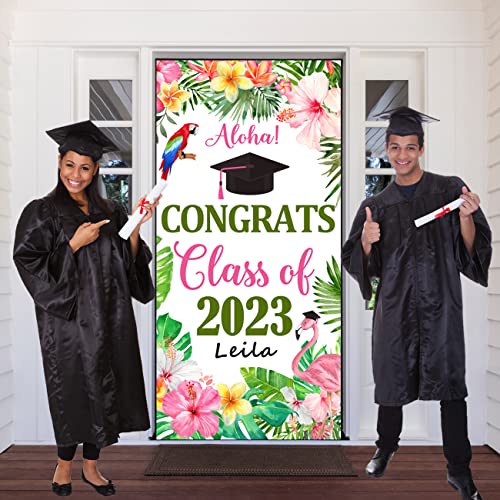 Luau Graduation Decorations Aloha Congrats Class of 2023 Door Cover Personalized Name Senior 2023 Graduation Banner Backdrop for Hawaiian Tropical Grad Themed Party Supplies with A Gift Pen