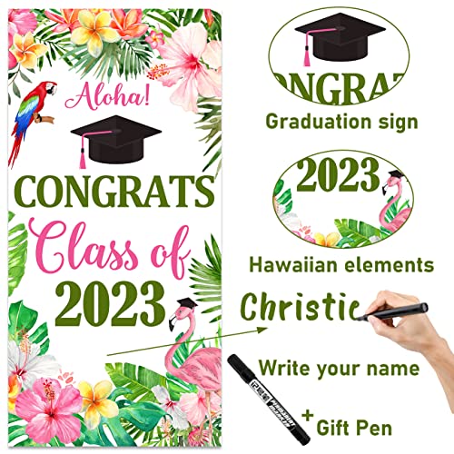 Luau Graduation Decorations Aloha Congrats Class of 2023 Door Cover Personalized Name Senior 2023 Graduation Banner Backdrop for Hawaiian Tropical Grad Themed Party Supplies with A Gift Pen