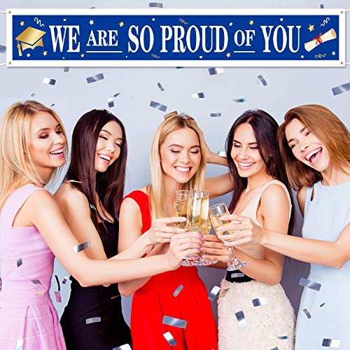 Large Huge 2023 Graduation Party Banner We are So Proud of You Congrats Grad Hanging Banner Backdrop Background Photo Prop Booth Graduation Party Decoration (Blue with White Words)