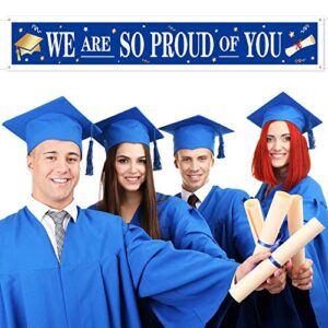 Large Huge 2023 Graduation Party Banner We are So Proud of You Congrats Grad Hanging Banner Backdrop Background Photo Prop Booth Graduation Party Decoration (Blue with White Words)