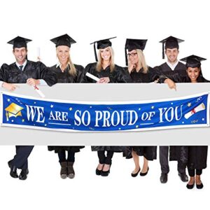 Large Huge 2023 Graduation Party Banner We are So Proud of You Congrats Grad Hanging Banner Backdrop Background Photo Prop Booth Graduation Party Decoration (Blue with White Words)