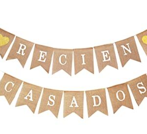 Mandala Crafts Burlap Recien Casados Banner - Recien Casados Sign Newly Weds Banner – Spanish Just Married Banner for Wedding Party Backdrop