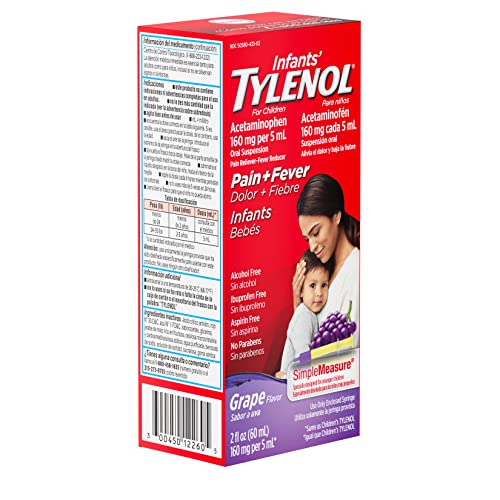 Tylenol Infants Oral Suspension Medicine with Acetaminophen, Baby Fever Reducer & Pain Reliever for Minor Aches & Pains, Sore Throat, Headache & Teething Pain, Grape Flavor, 2 fl. oz