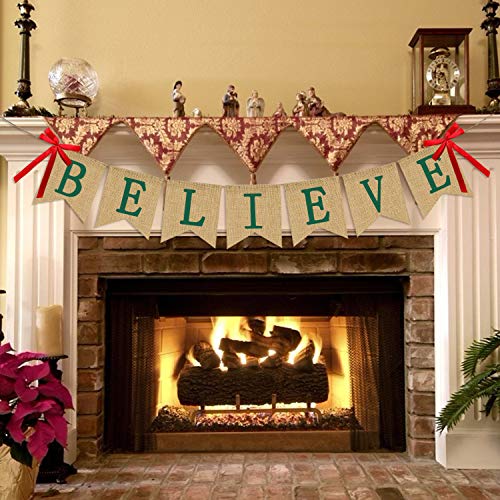 Believe Burlap Banner - Rucitc Holiday Banner Garland - Perfect for Christmas Decoration Xmas Party Decor