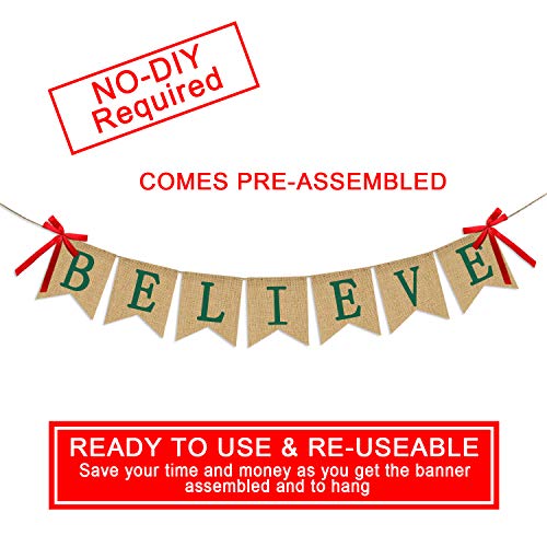 Believe Burlap Banner - Rucitc Holiday Banner Garland - Perfect for Christmas Decoration Xmas Party Decor