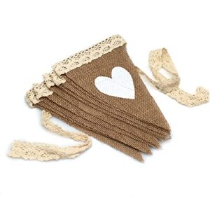 fqtanju 12pcs vintage heart jute burlap bunting banner hessian flag for wedding party decoration white lace 2.5m