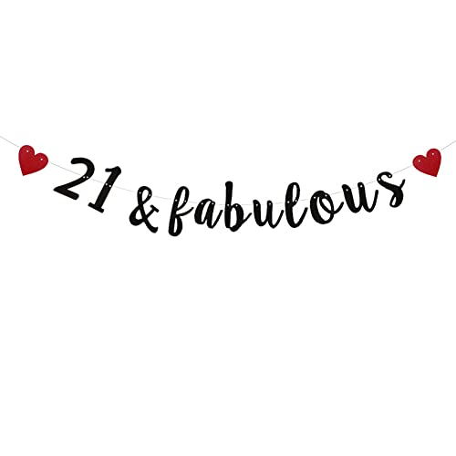 XIAOLUOLY Black 21 & Fabulous Glitter Banner,Pre-Strung,21st Birthday / Wedding Anniversary Party Decorations Bunting Sign Backdrops,21 & Fabulous