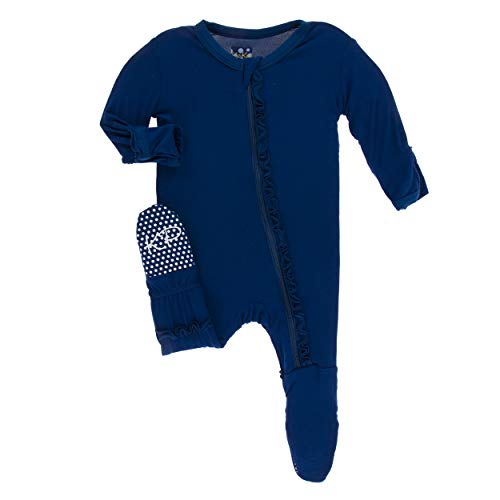 KicKee Pants Little Girls Solid Muffin Ruffle Footie with Zipper - Navy, 9-12 Months