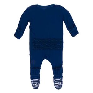 KicKee Pants Little Girls Solid Muffin Ruffle Footie with Zipper - Navy, 9-12 Months