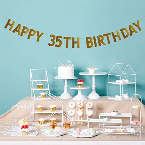 HAPPY 35TH BIRTHDAY Banner，Pre-strung，No Assembly Required，35th Birthday Party Decorations Supplies，Gold Glitter Paper Garlands Backdrops, Letters Gold Betteryanzi