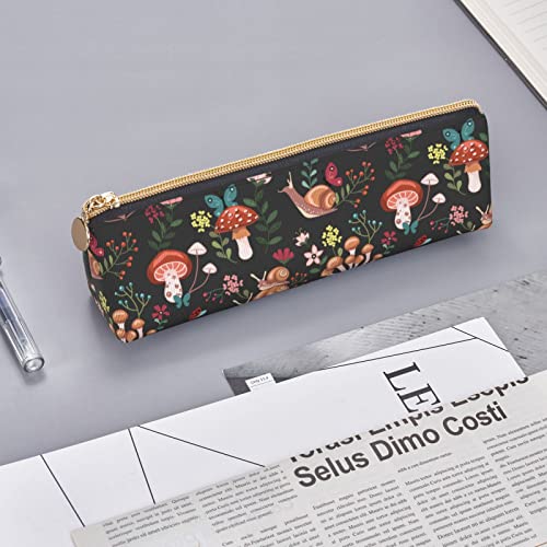 Ykklima Mushroom Snails Butterfly Flower Pattern Leather Pencil Case Zipper Pen Makeup Cosmetic Holder Pouch Stationery Bag for School, Work, Office