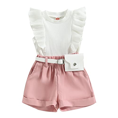 Kid Toddler Baby Girl Summer Outfits Ruffled Sleeveless Ribbed Tops Elastic Waist Shorts with Belt Outfit Set (A-White Pink, 3-4 Years)