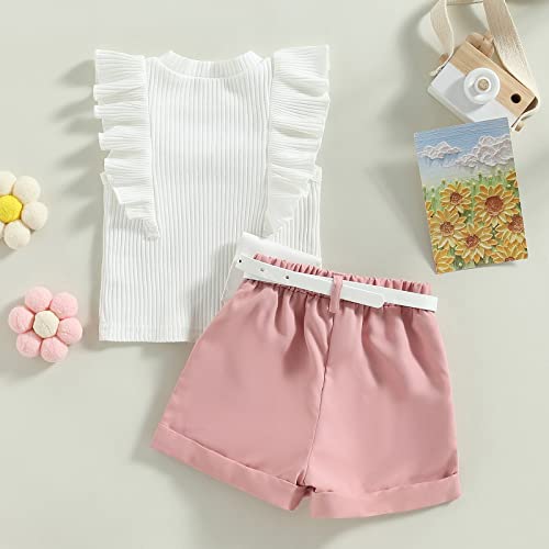 Kid Toddler Baby Girl Summer Outfits Ruffled Sleeveless Ribbed Tops Elastic Waist Shorts with Belt Outfit Set (A-White Pink, 3-4 Years)