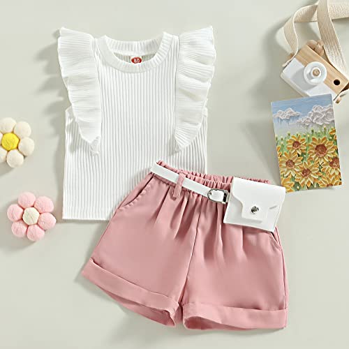 Kid Toddler Baby Girl Summer Outfits Ruffled Sleeveless Ribbed Tops Elastic Waist Shorts with Belt Outfit Set (A-White Pink, 3-4 Years)