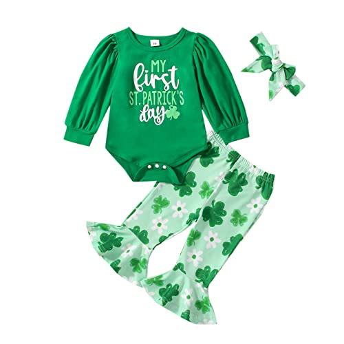 Tiacham My First St Patricks Day Baby Girl Outfit Bell Bottoms Pants Set Clothes Green Romper Shamrock Headband (Green, 0-3 Months)