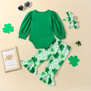 Tiacham My First St Patricks Day Baby Girl Outfit Bell Bottoms Pants Set Clothes Green Romper Shamrock Headband (Green, 0-3 Months)