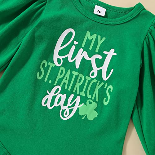 Tiacham My First St Patricks Day Baby Girl Outfit Bell Bottoms Pants Set Clothes Green Romper Shamrock Headband (Green, 0-3 Months)