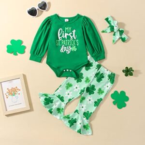 Tiacham My First St Patricks Day Baby Girl Outfit Bell Bottoms Pants Set Clothes Green Romper Shamrock Headband (Green, 0-3 Months)