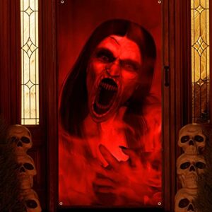 vlipoeasn halloween door decorations, red halloween window and door cover banner welcome sign, halloween front door scary backdrop, halloween party supplies, halloween porch decorations for indoor/outdoor