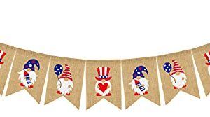 Doumeny 4th of July Burlap Banner, American Gnome Patriotic Rustic Banner Bunting USA Independence Day Bunting Garland American Stars Banner Flag for Memorial Veterans Days Labor Day Mantel Fireplace